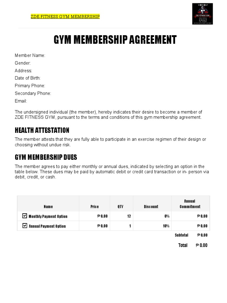 ZDE Fitness Gym Membership Agreement | PDF | Indemnity | Option (Finance)