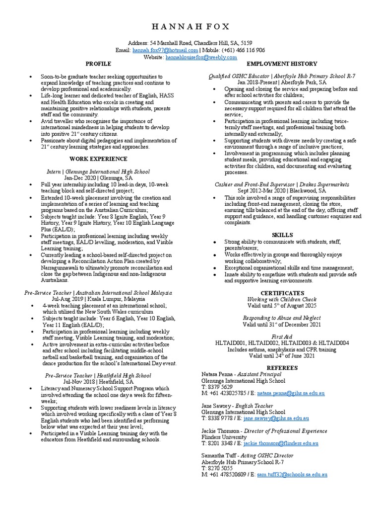 Fox Resume | PDF | Teachers | Teaching