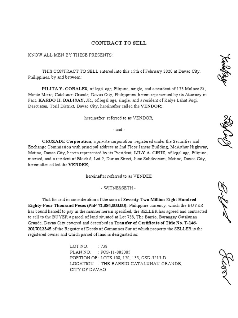 CONTRACT TO SELL Sample | PDF | Business Law | Business