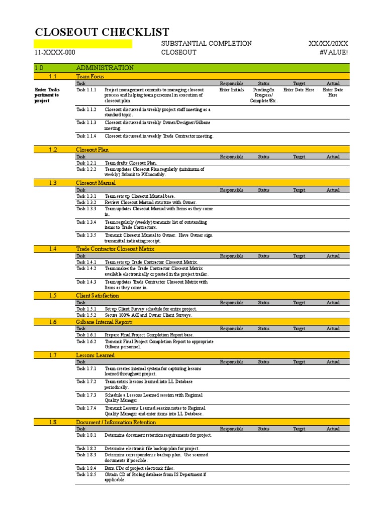 Closeout Checklist: Substantial Completion XX/XX/20XX 11-XXXX-000 ...
