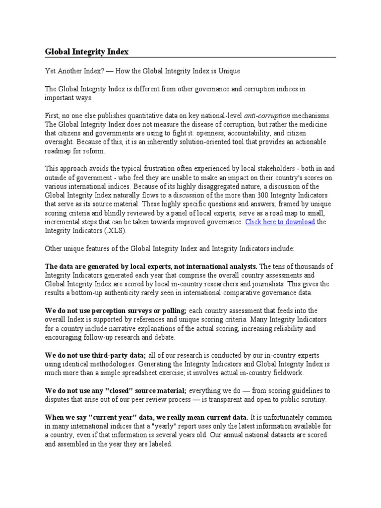 Unique Approach of the Global Integrity Index | PDF | Governance ...