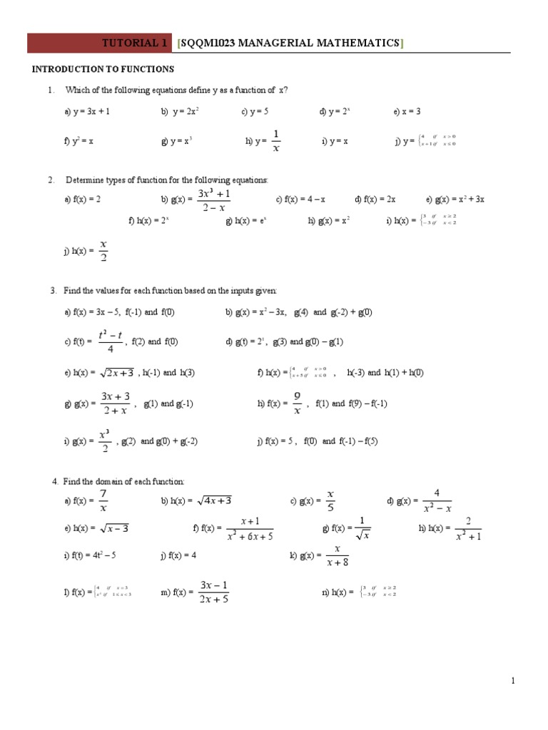 Tutorial 1 Sqqm1023 Managerial Mathematics: Introduction To Functions ...