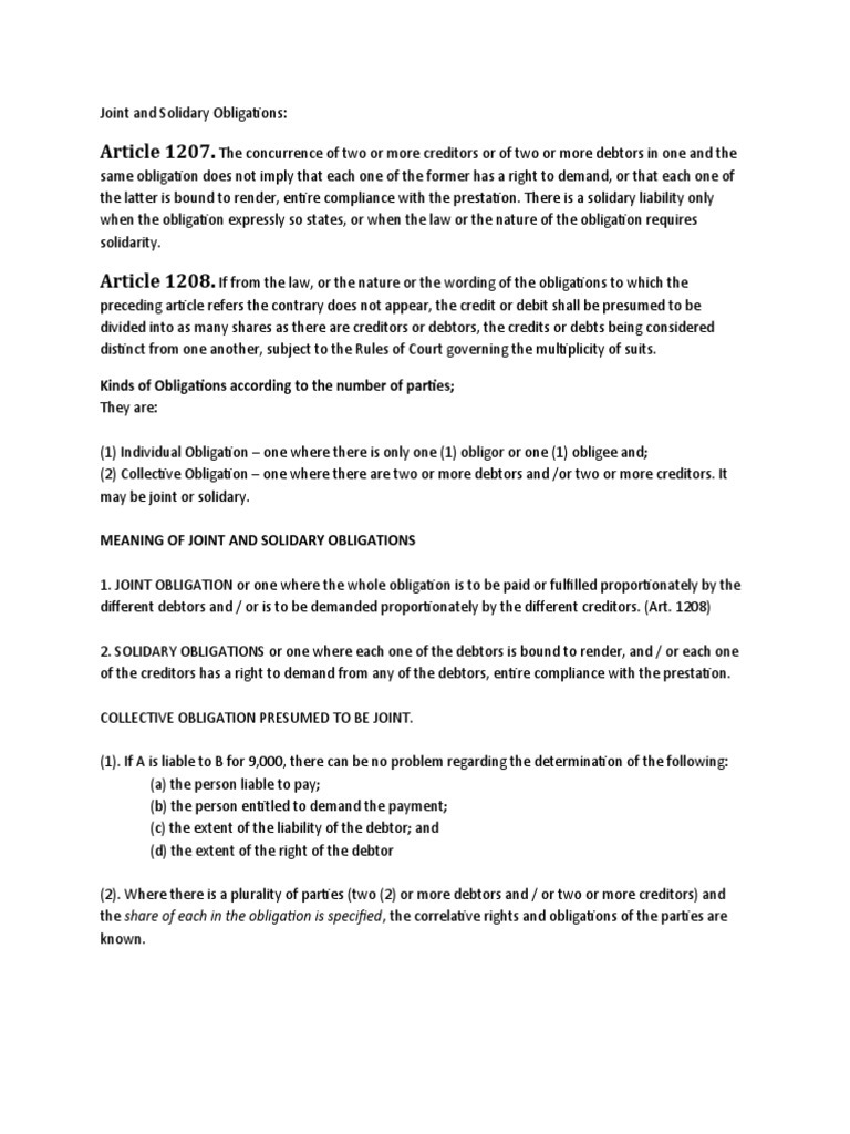 Article 1207.: Kinds of Obligations According To The Number of Parties ...