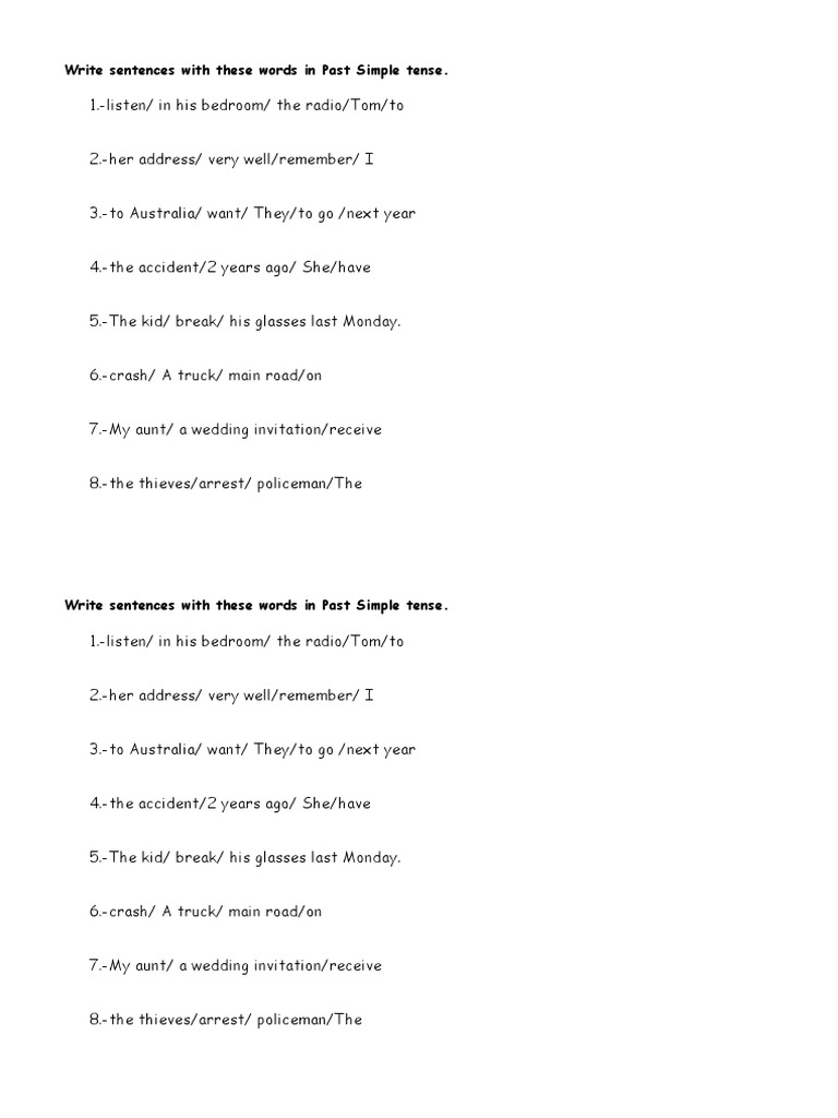 Write Sentences With These Words In Past Simple Tense PDF
