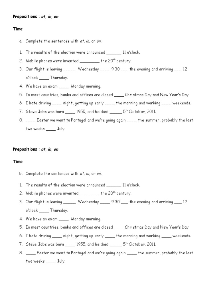 At, In, On: Prepositions: Time | PDF