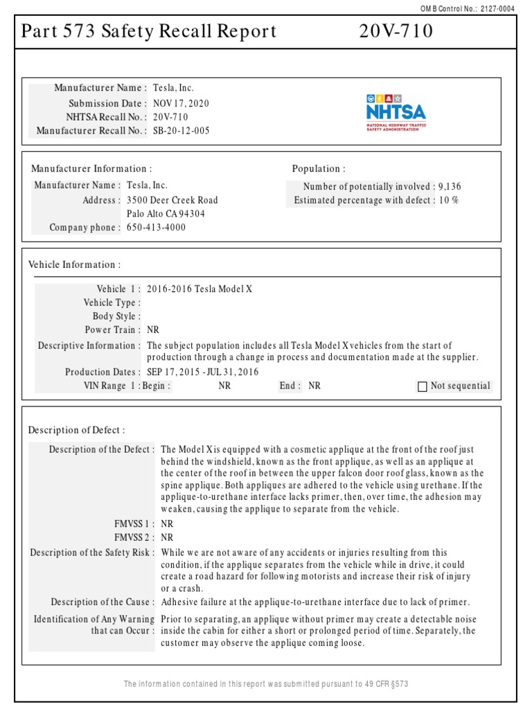 Part 573 Safety Recall Report 20V-710 | PDF | Safety | Transport