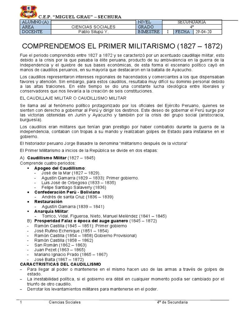 Comprendemos El Primer Militarismo | PDF | Comunidad andina | América del Sur