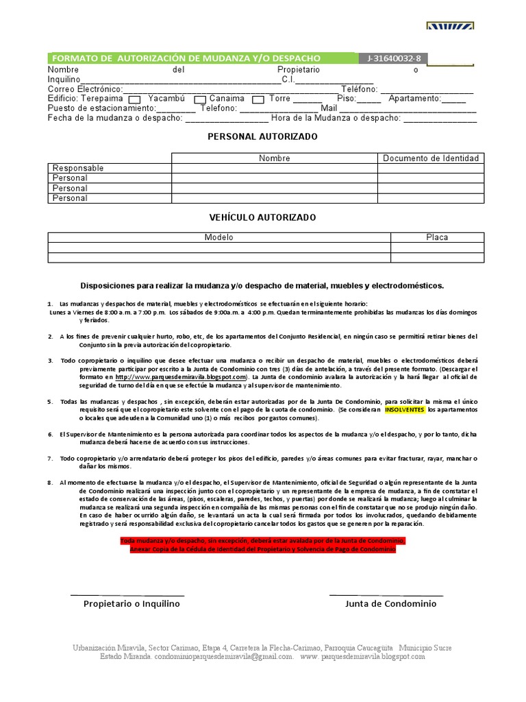 Formato de Autorizacion de Mudanza o Despacho | PDF | Condominio | Business