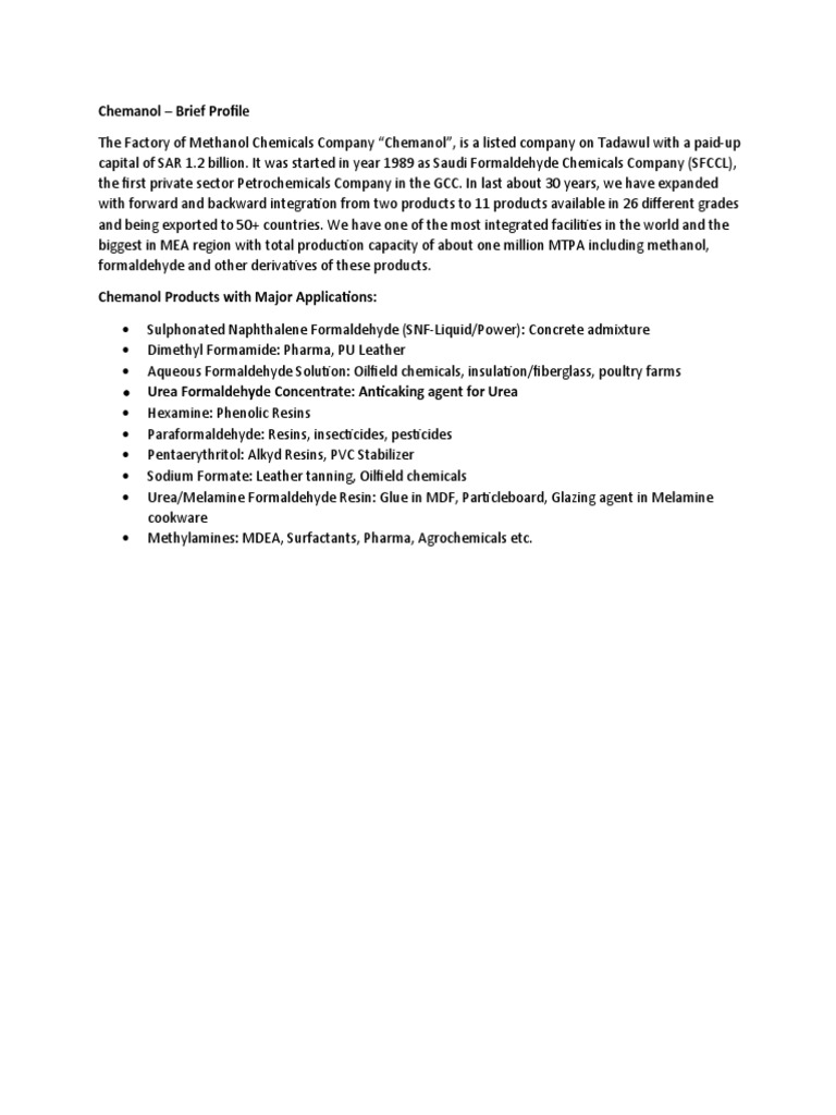 Chemanol - Brief Profile | PDF