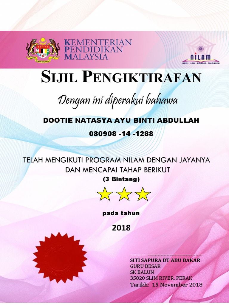 Sijil Pengiktirafan Nilam 2018 | PDF