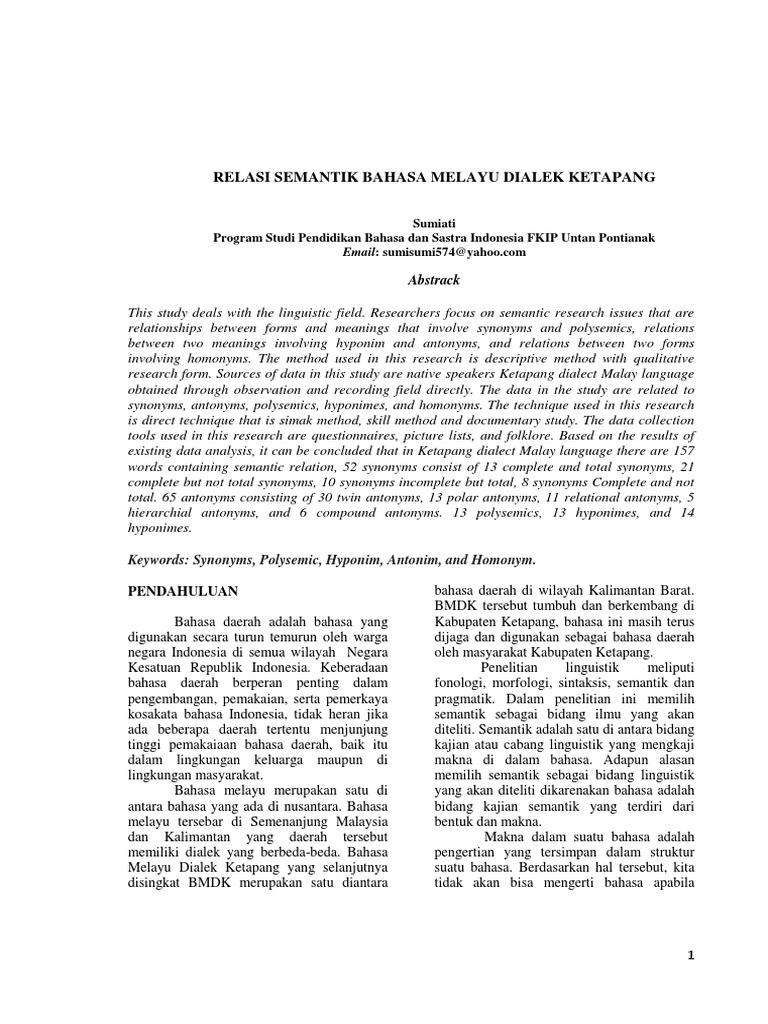 Relasi Semantik Bahasa Melayu Dialek Ketapang PDF | PDF