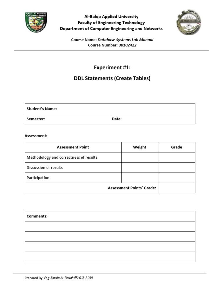Experiment #1: DDL Statements (Create Tables) | PDF | Databases | Relational Database