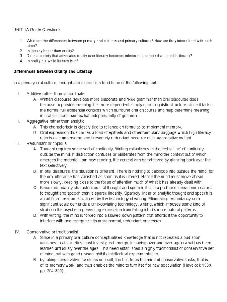 Orality & Literacy Notes | PDF | Mind | Oral Tradition