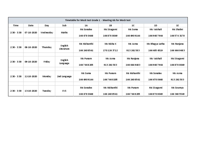 Grade 1 Mock Test Timetable & IDs | PDF