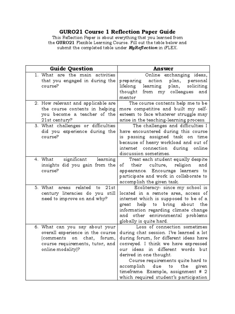 GURO21 Course 1 Reflection Paper Guide | PDF | Tutor | Mentorship