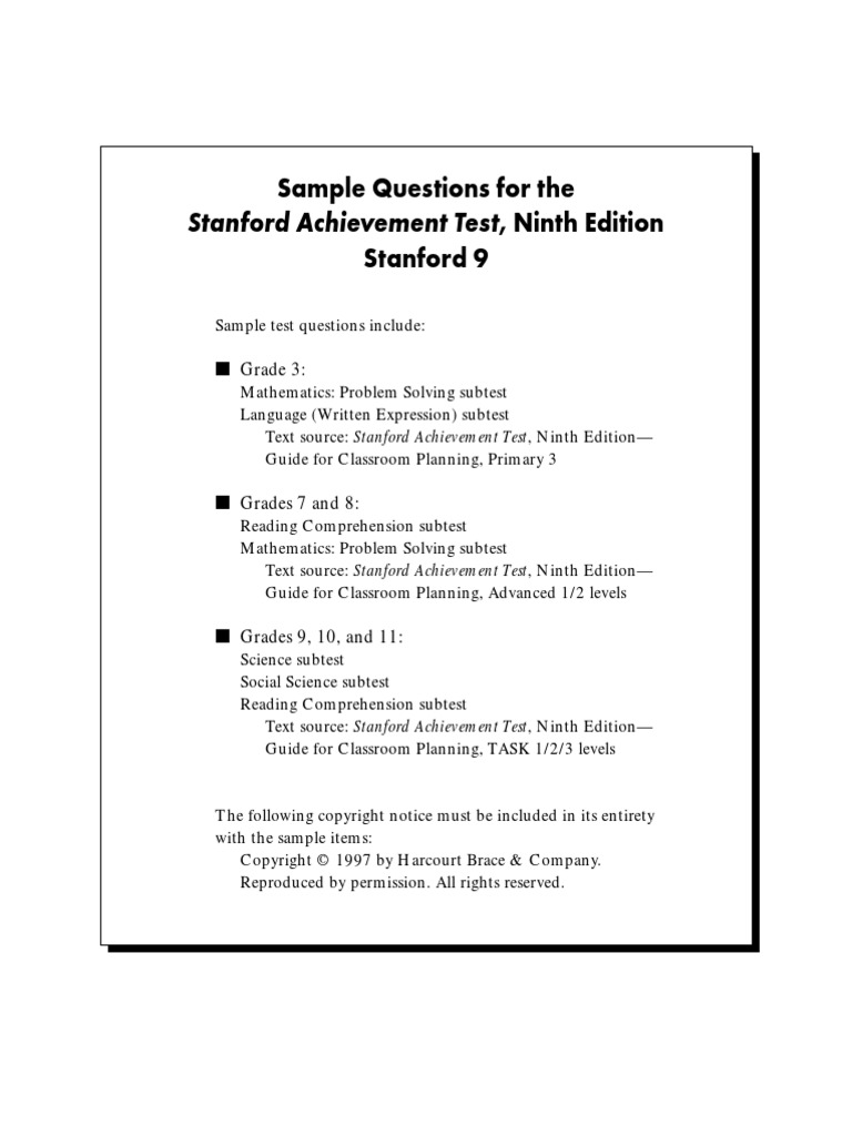 Stanford Achievement Test, Ninth Edition: Sample Questions For The ...