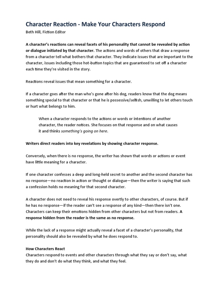 Character Reaction - Make Your Characters Respond | PDF | Narration