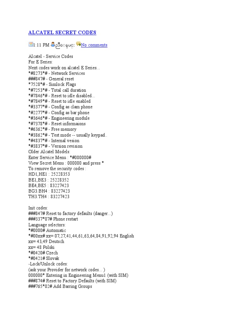Alcatel Secret Codes | PDF