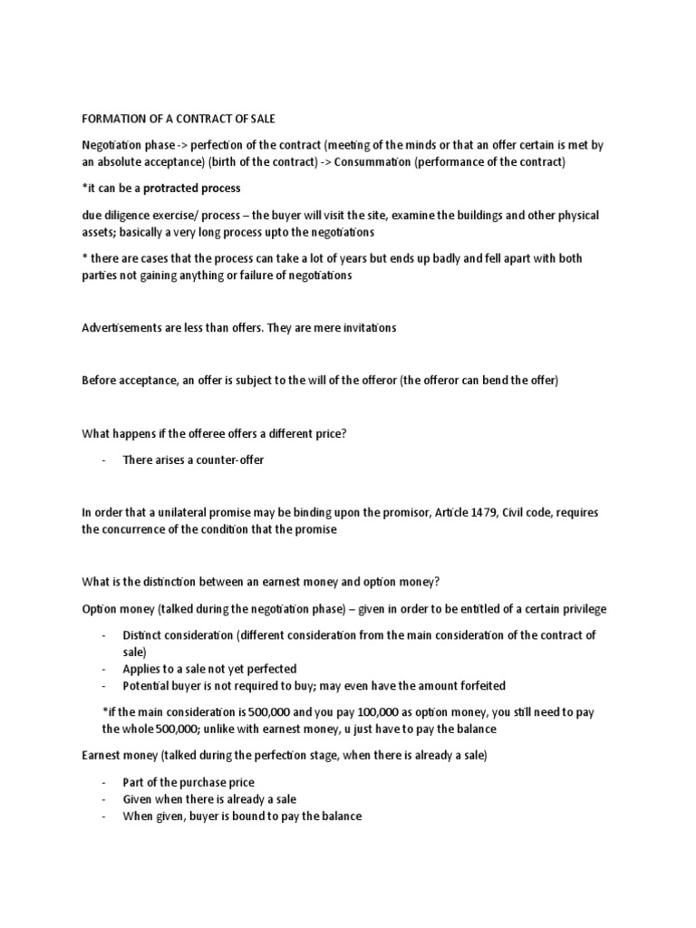 Formation of A Contract of Sale | PDF | Offer And Acceptance ...
