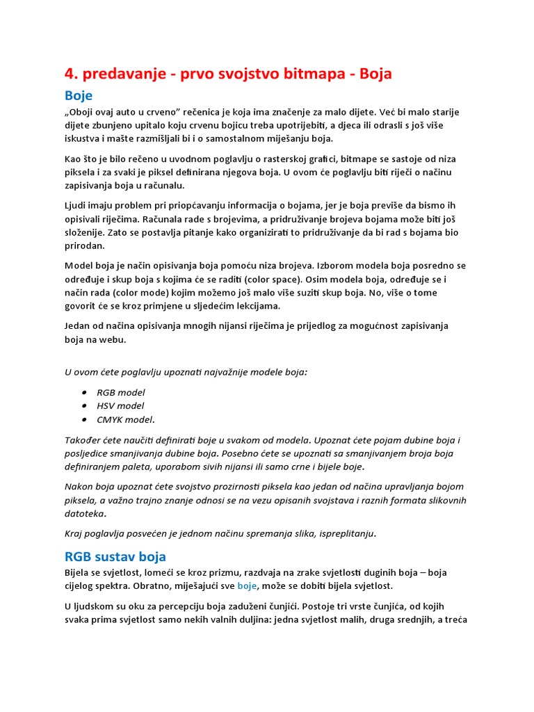 Predavanje - Prvo Svojstvo Bitmapa - Boja | PDF