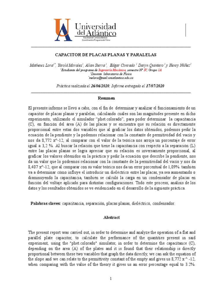 Laboratorio 6 de CAPACITOR DE PLACAS PLANAS Y PARALELAS | PDF | Condensador | voltaje