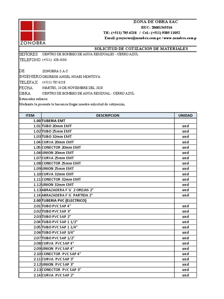 Lista de Materiales A Cotizar | PDF | Ingeniería de Edificación | Materiales de construcción