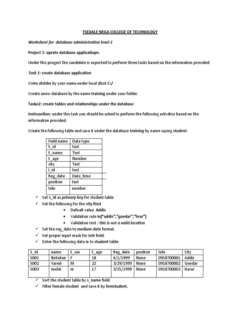 Worksheet For Database Administration Level 2: Tsedale Nega College of ...