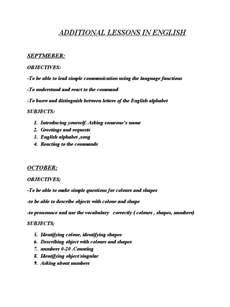 English Lessons: Monthly Objectives | PDF | English Language | Verb