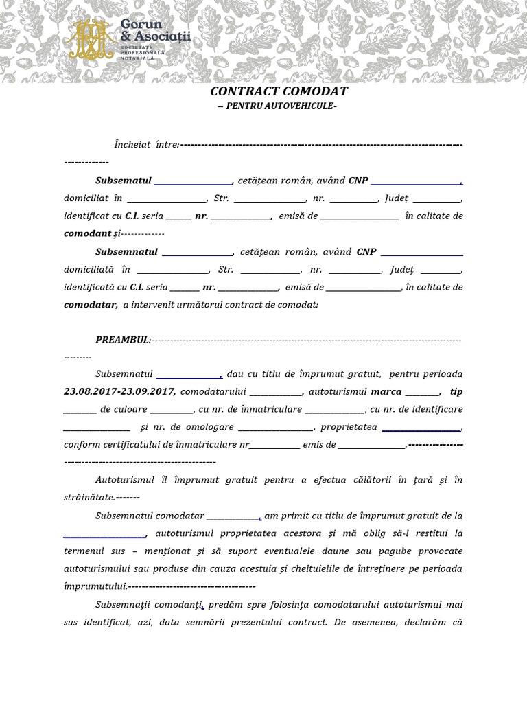 Contract de Comodat Auto PDF | PDF