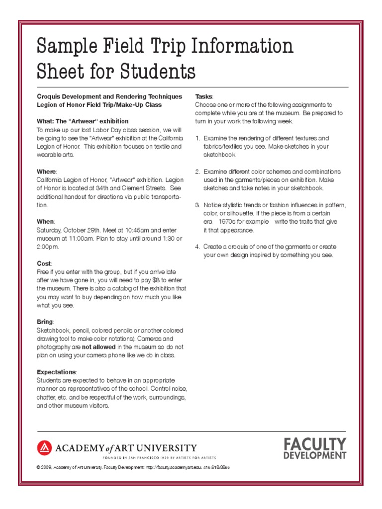Sample Field Trip Information Sheet For Students | PDF | Museum | Fashion