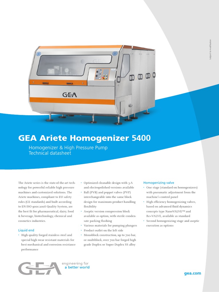 Gea Ariete Homogenizer 5400 High Pressure Homogenizer Pump Technical ...
