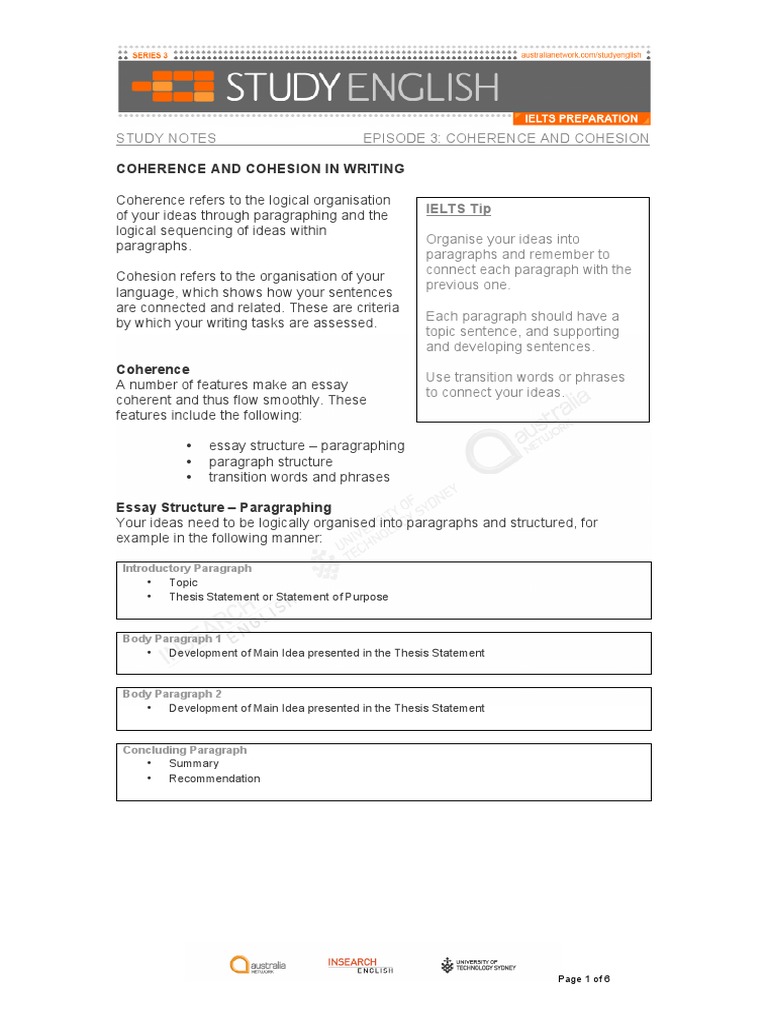 Coherence and Cohesion in Writing: Ielts Tip | PDF | Paragraph | Essays