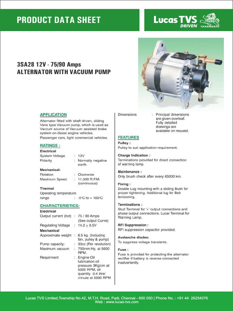 Product Data Sheet: 3SA28 12V - 75/90 Amps Alternator With Vacuum Pump ...