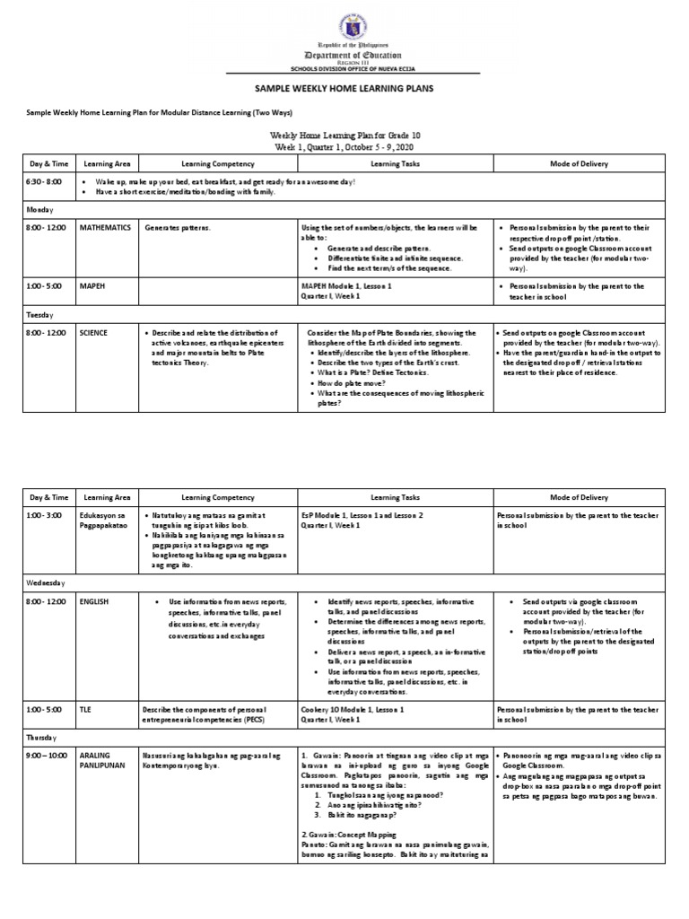 Sample Weekly Home Learning Plans | PDF | Plate Tectonics | Geology