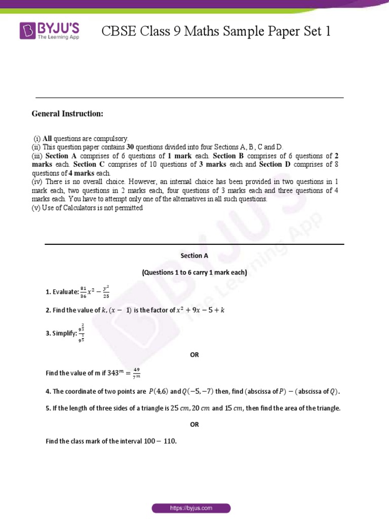 CBSE Sample Paper Class 9 Maths Set 1 PDF | PDF | Area | Triangle