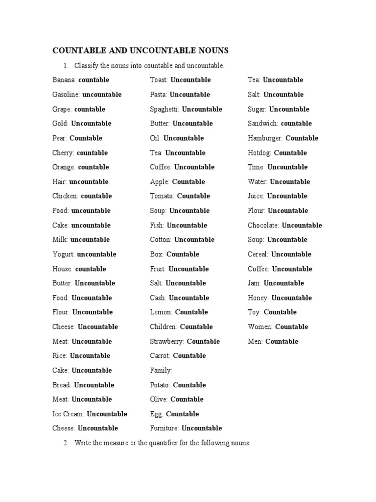 COUNTABLE AND UNCOUNTABLE NOUNS ACTIVITY Camila | PDF | Spaghetti | Cakes