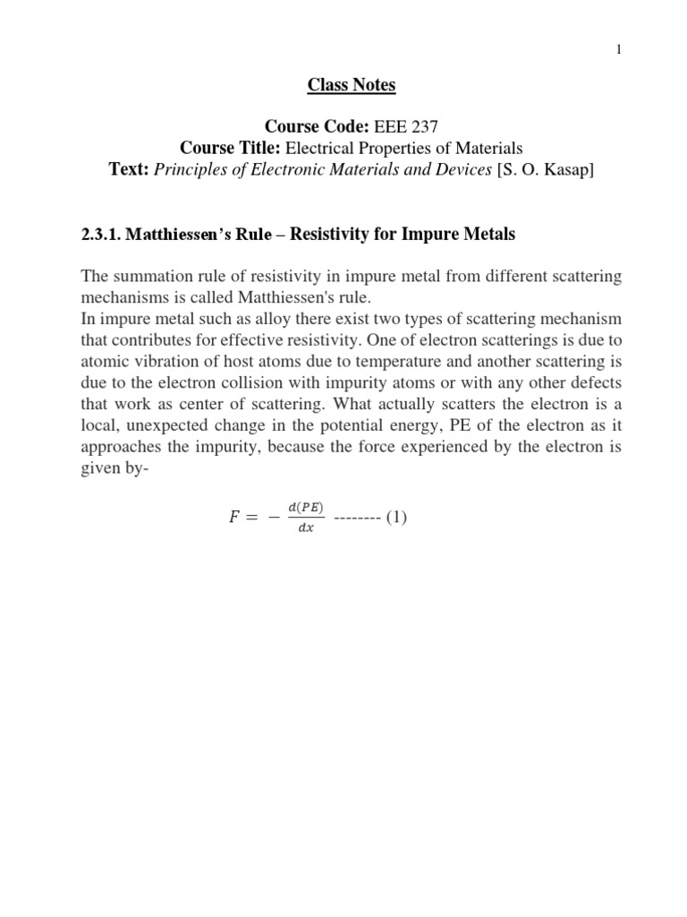 Matthiessen's Rule for Resistivity in Impure Metals | PDF | Electrical ...