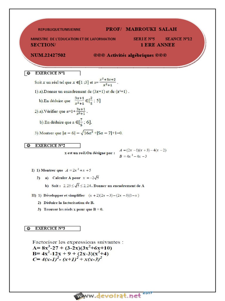 Série D'exercices N°1 Lycée Pilote - Math - Activité Algebrique - 1ère ...