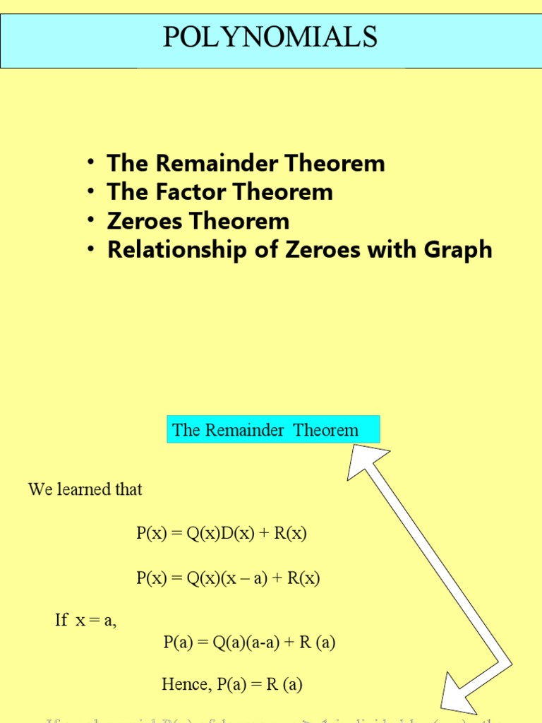 The Remainder Zeroes And Factor Theorems Pdf Factorization Zero Of