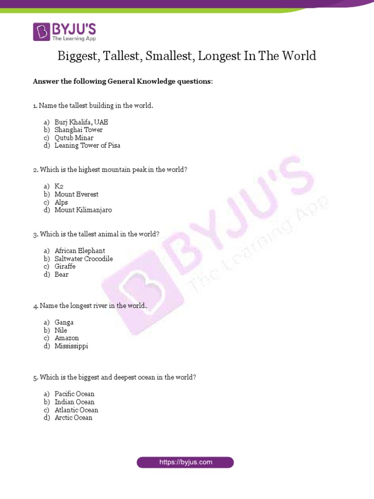 GK Questions On Biggest Tallest Smallest Longest in The World PDF | PDF ...