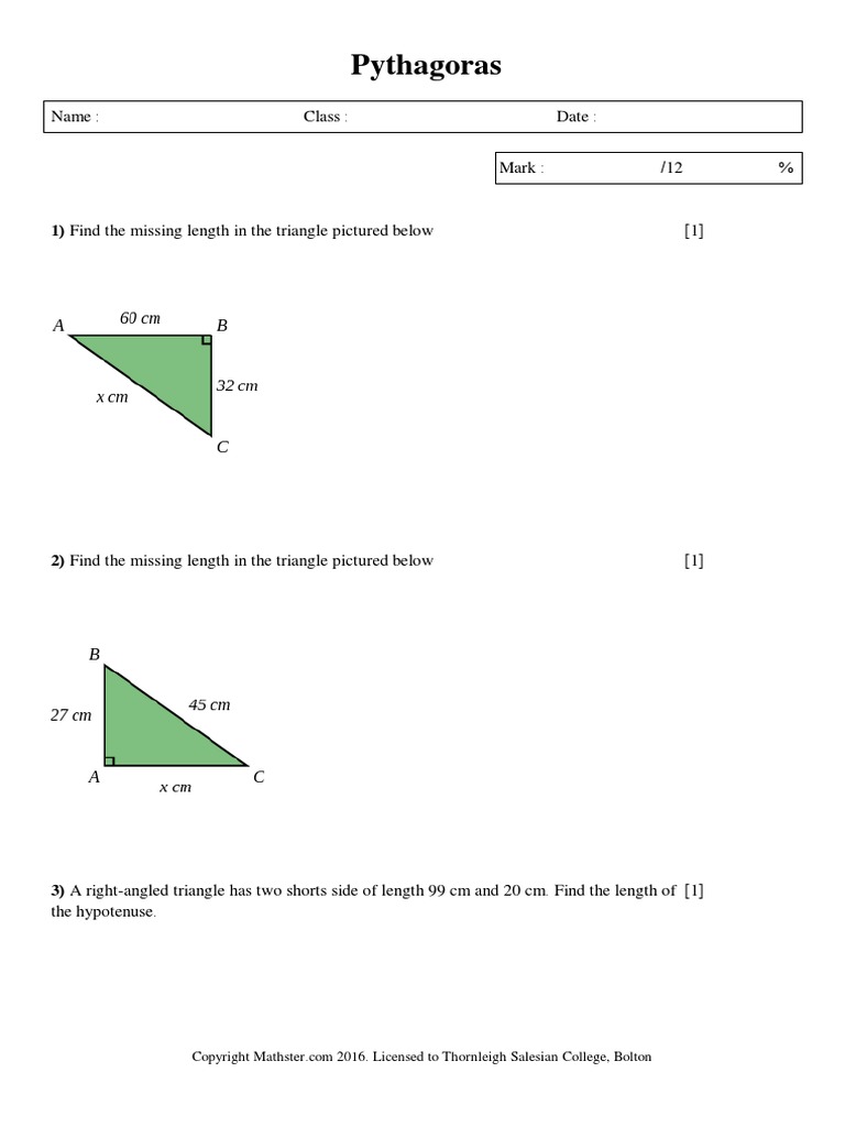 Pythagoras: Name: Class: Date: /12 % | Download Free PDF | Length ...