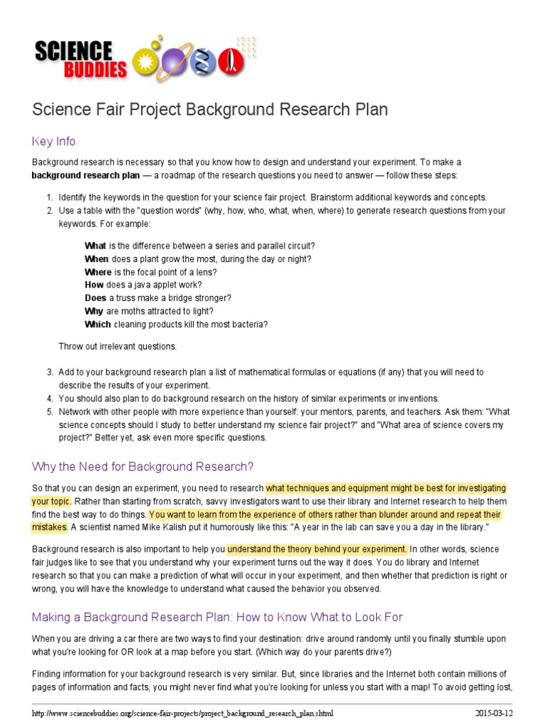 Science Fair Project Background Research Plan: Key Info | PDF ...