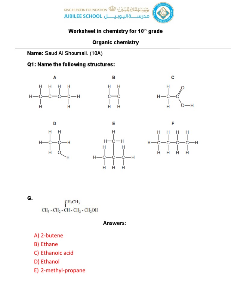 Worksheet in Chemistry For 10 Grade Organic Chemistry Name: Saud Al ...