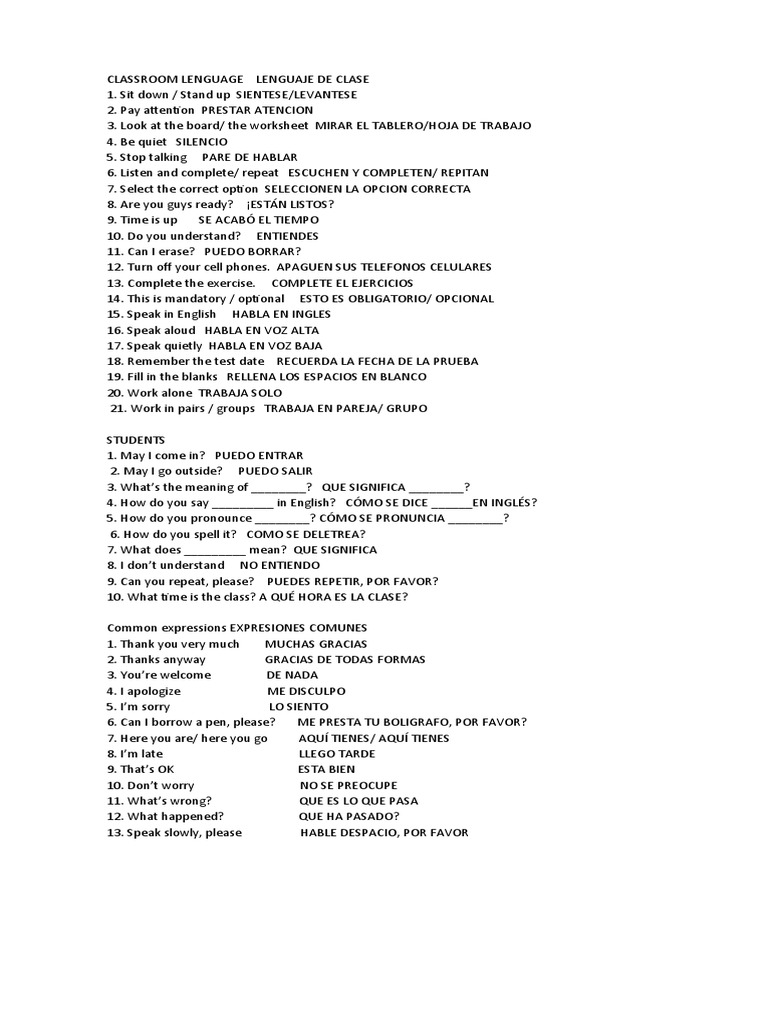 Classroom Lenguage Lenguaje de Clase | PDF | Familia | Sociedad