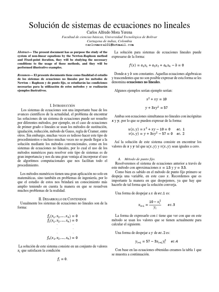 Solución de Sistemas de Ecuaciones No Lineales | PDF | Análisis numérico | Ecuaciones