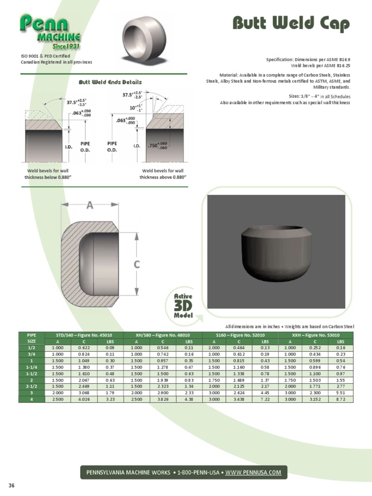 Butt Weld Cap Dimension - Penn Machine | Download Free PDF | Welding ...