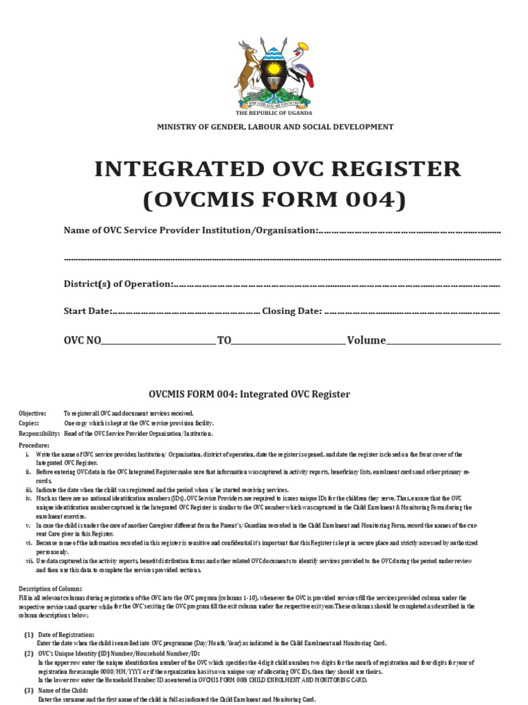 Integrated Ovc Register (Ovcmis Form 004) | PDF | Child Protection ...