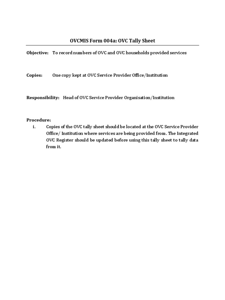 OVCMIS Form 004a: OVC Tally Sheet: Objective: To Record Numbers of OVC ...