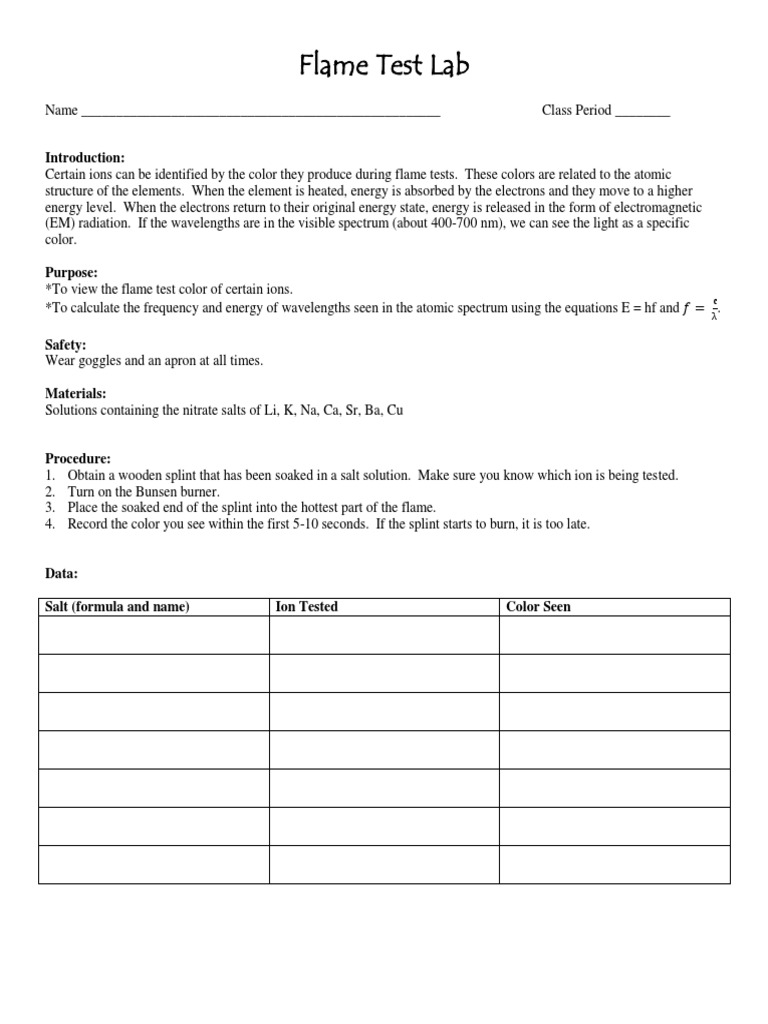 Flame Test Lab 2012 With e Config | PDF | Electron Configuration ...