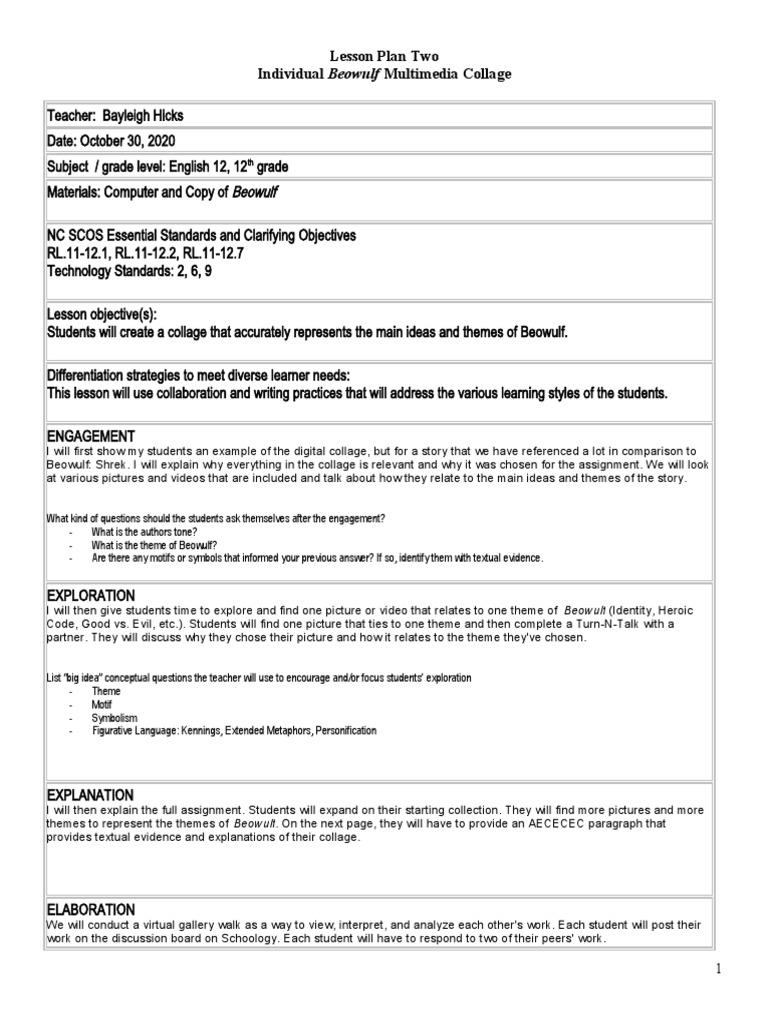 Lesson Plan Two Individual Beowulf Multimedia Collage | Download Free ...